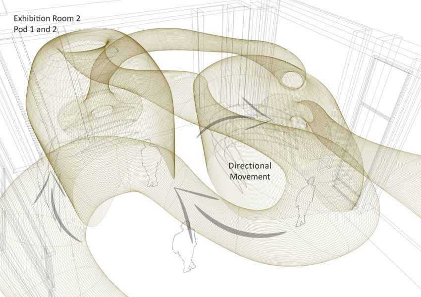 Rattan installation's natural forms in gallery composition