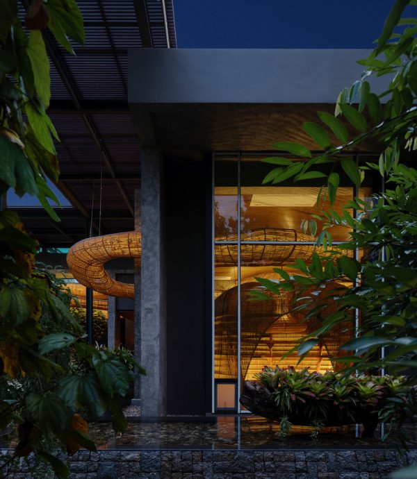 Rattan installation's natural forms in gallery composition