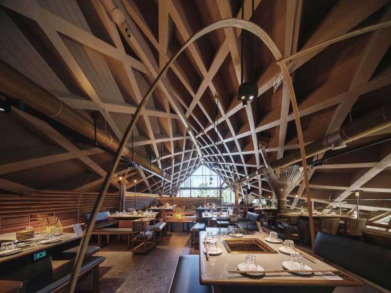 BEHIVE Architects' timber-roofed restaurant in the boulevard