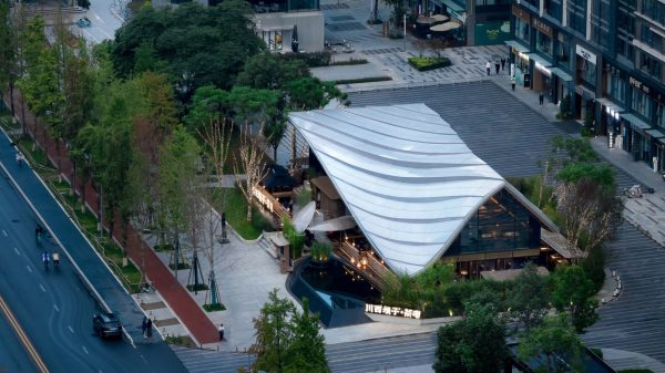 BEHIVE Architects' timber-roofed restaurant in the boulevard