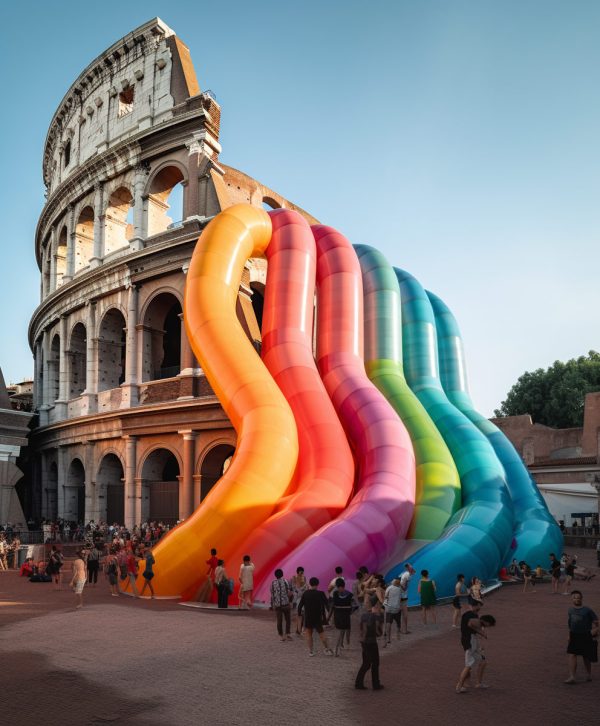 Colossal Cascades, AI-generated inflatable rainbows transform the Colosseum