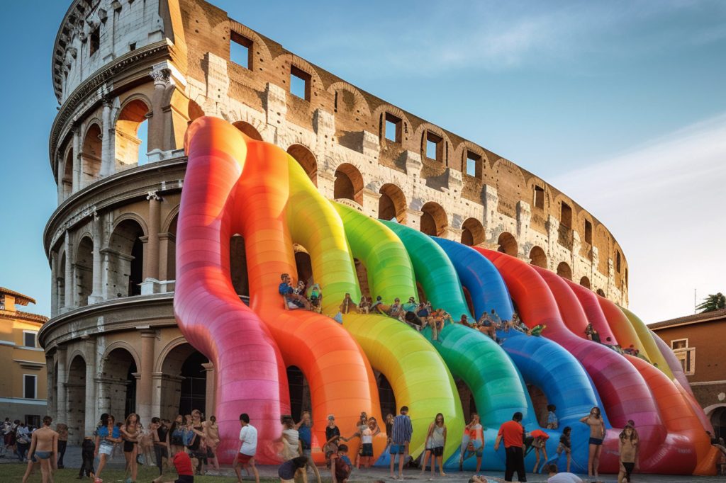 Colossal Cascades, AI-generated inflatable rainbows transform the Colosseum