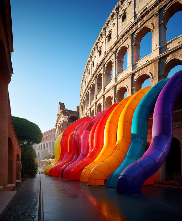 Colossal Cascades, AI-generated inflatable rainbows transform the Colosseum