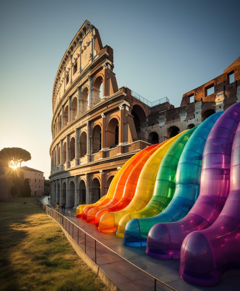 Colossal Cascades, AI-generated inflatable rainbows transform the Colosseum