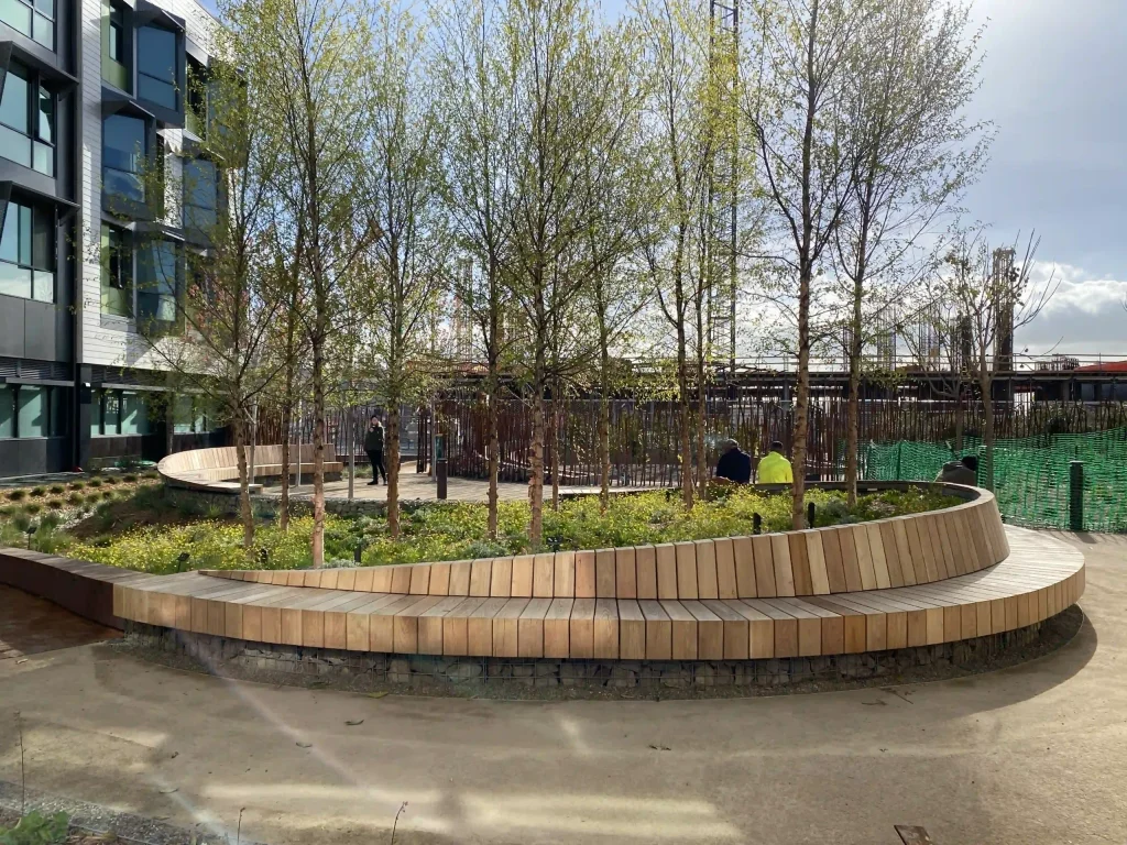 Wooden Wave Benches at HomeRise at Mission Bay