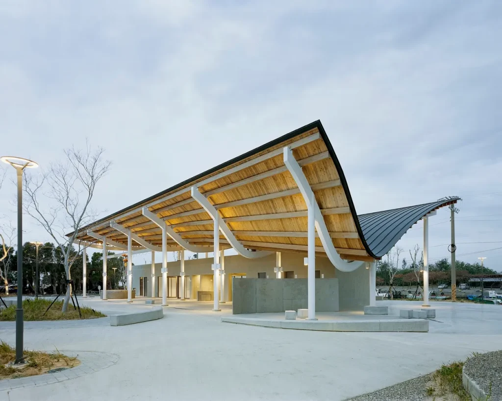 A Lightweight Harbourside Canopy of Timber and Steel by B+P Architects